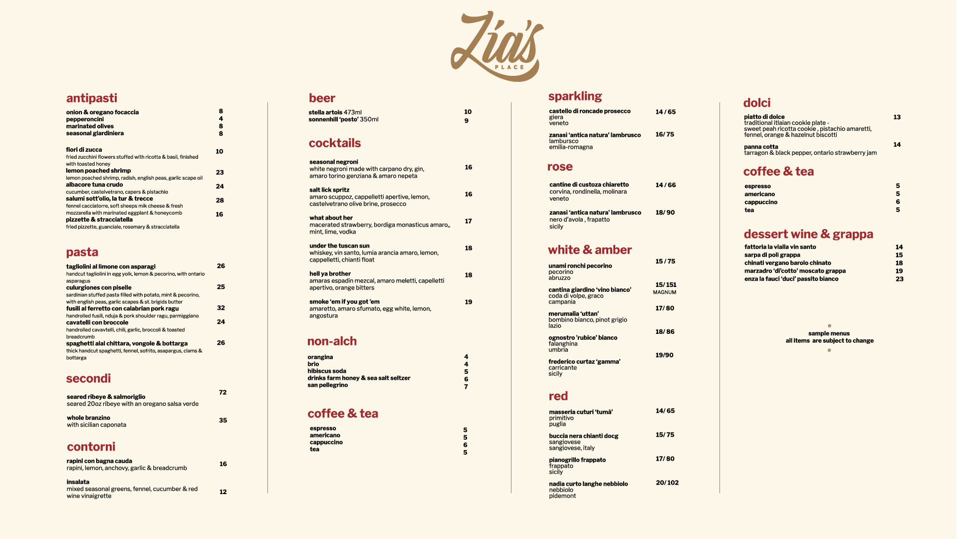 Sample Menus – Zia's Place